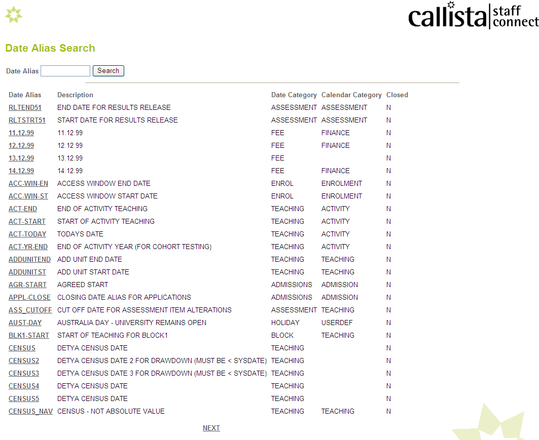 Date Alias Parameter List