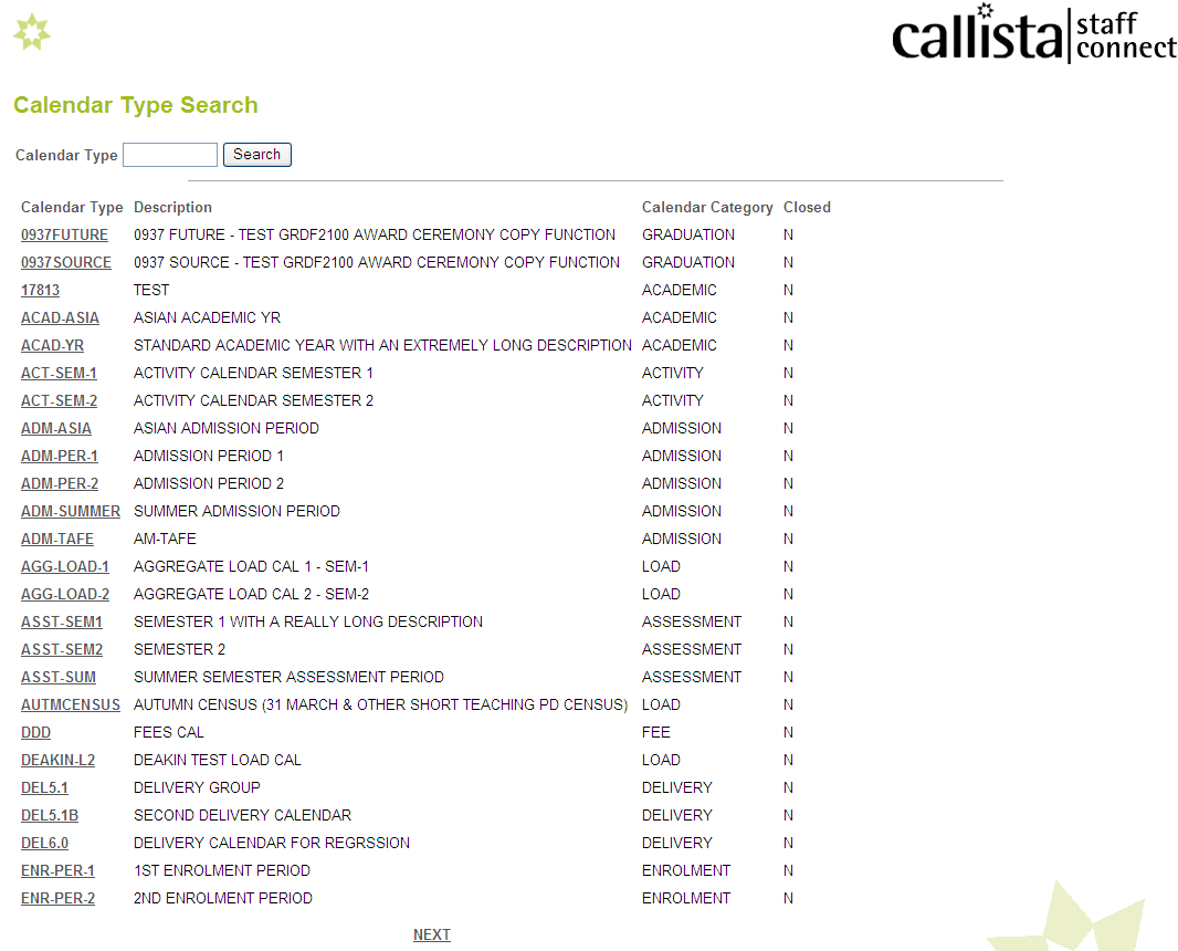 Calendar Type Parameter List